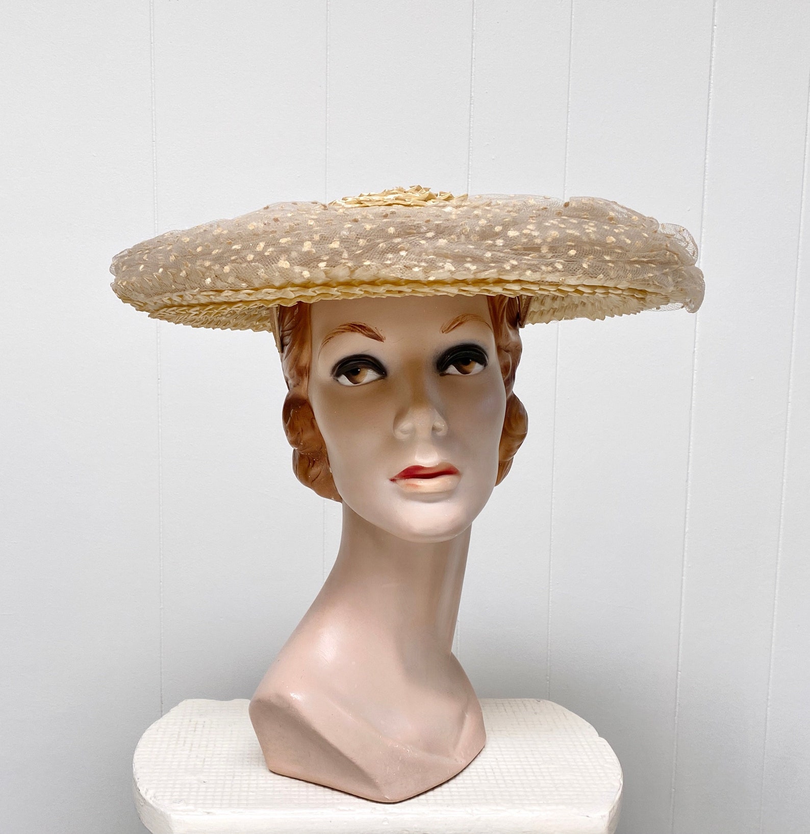 Vintage 1950s Ivory Cello Straw Platter Hat New Look - Etsy