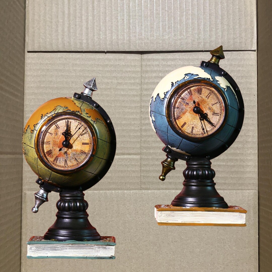 Mini Globe Clock Figurine Vintage-style World Time Ornament Small Desk ...