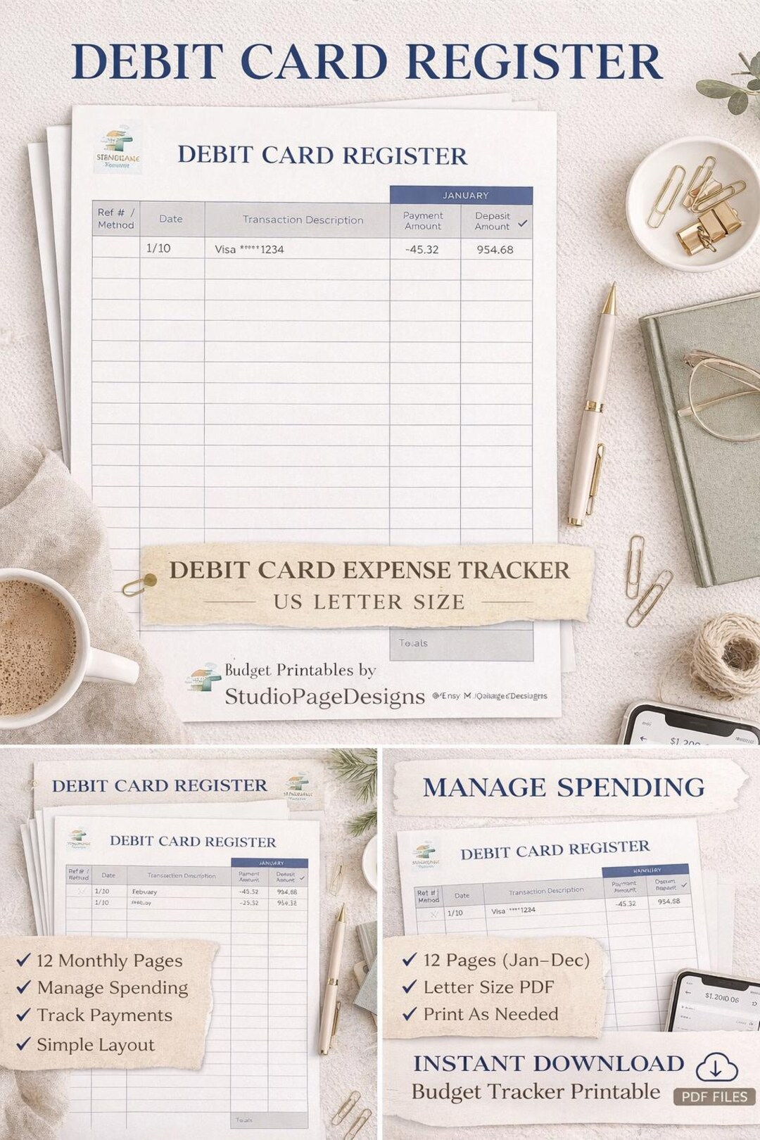 Debit Card Register Printable | Monthly Expense Tracker (PDF Download ...