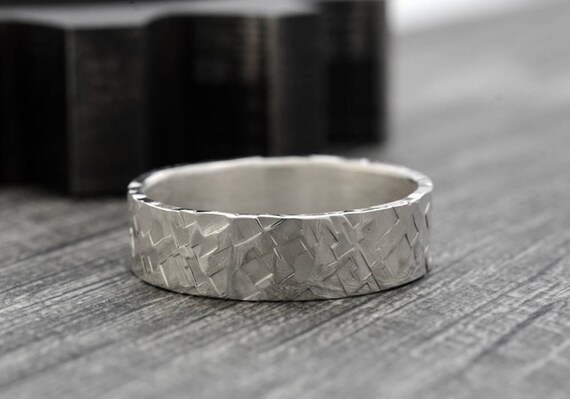 Hammered Men s Wedding Ring Band 7mm Sterling Silver Wedding Band in Recycled Metal Rustic Wedding Rings for Men and Women