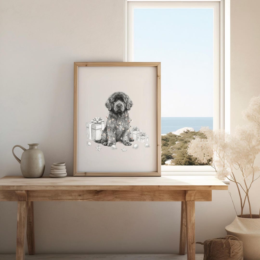Christmas Newfoundland Dog Print, Festive Lights, Holiday Decor ...