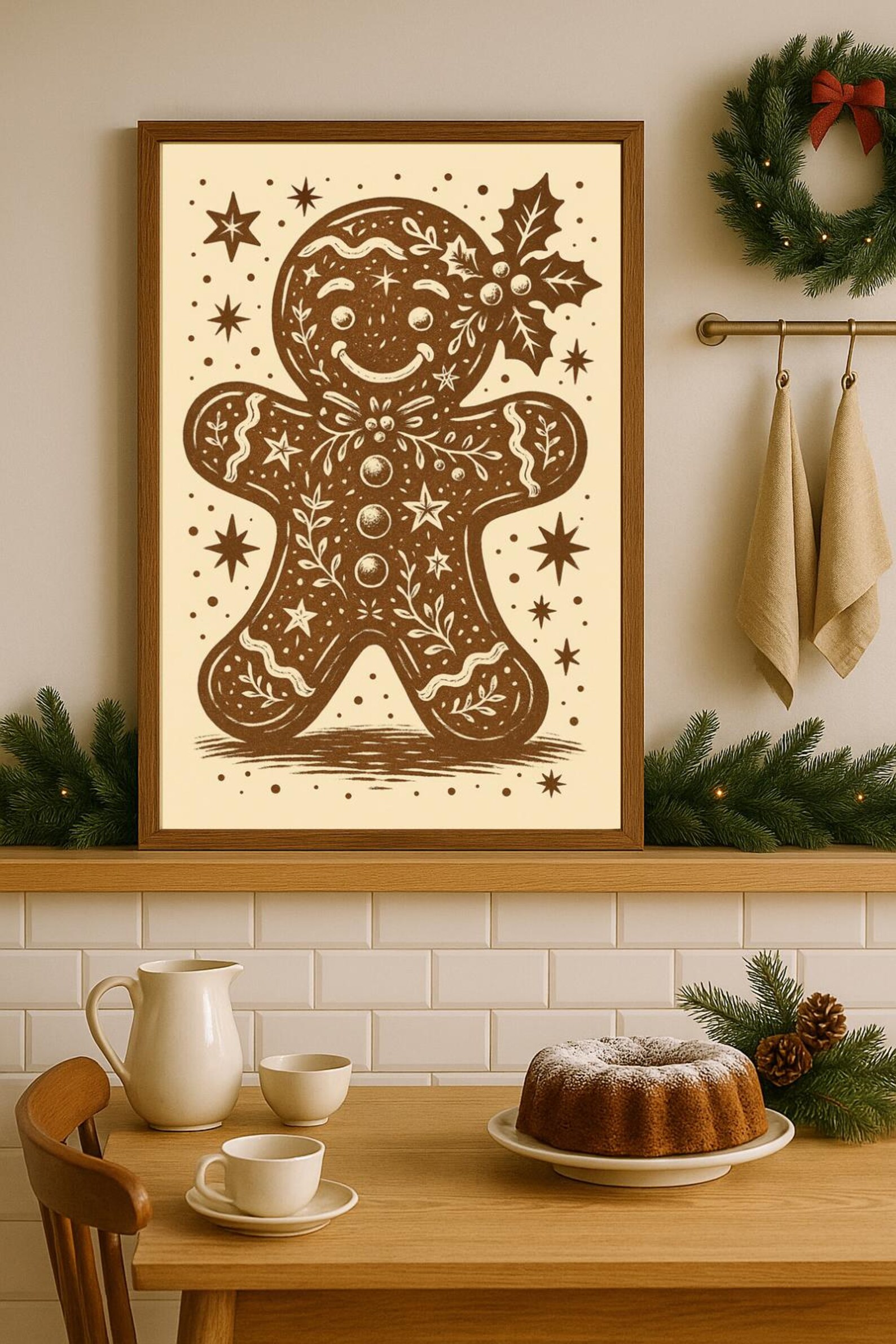 Vintage Gingerbread Man Linocut Christmas Art Print Retro Holiday ...