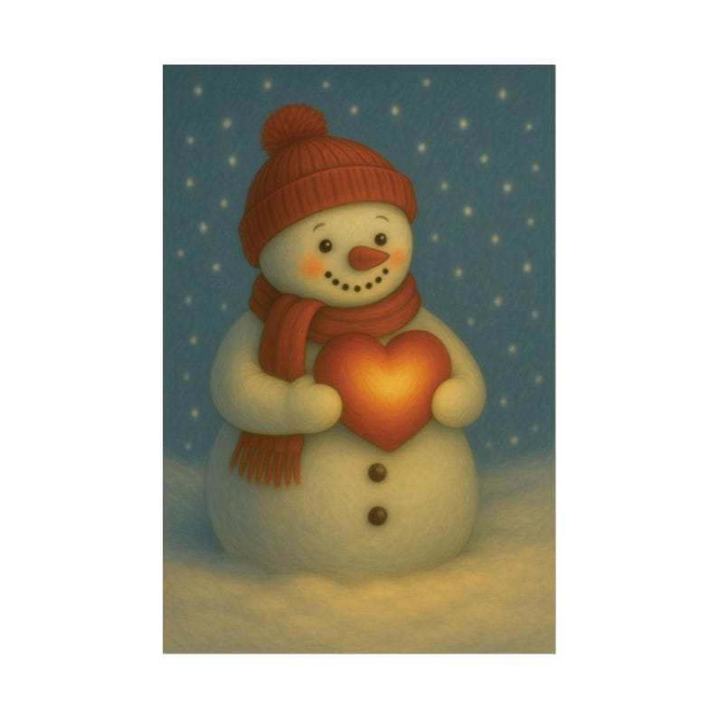Vintage Valentine Snowman Art Print Cute Winter Snowman Holding Heart ...