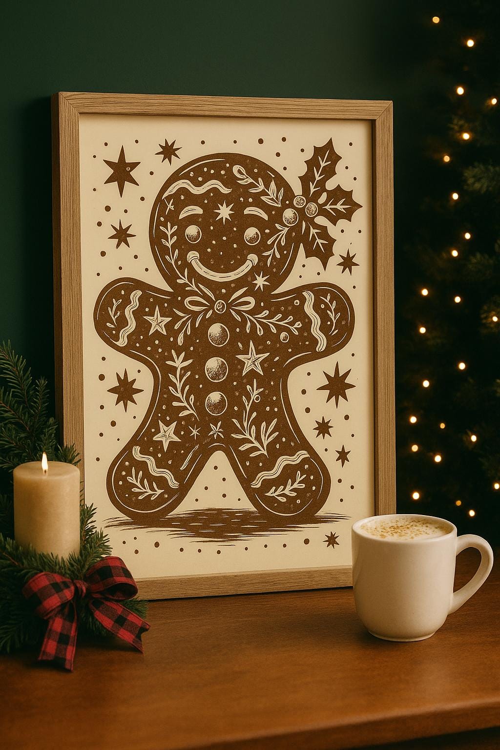 Vintage Gingerbread Man Linocut Christmas Art Print Retro Holiday ...