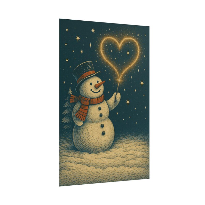 Vintage Snowman Christmas Poster Holiday Sparkler Heart Art Cozy Winter ...