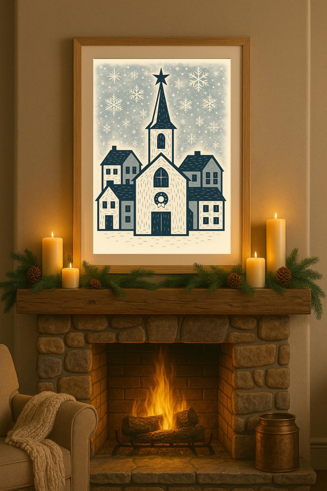 Vintage Linocut Print Christmas Church Poster Rustic Holiday Winter ...