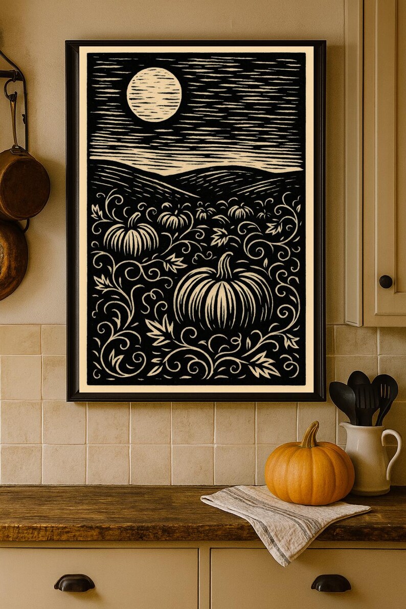 Vintage Pumpkin Patch Linocut Poster Halloween Wall Art Folk Art Print ...