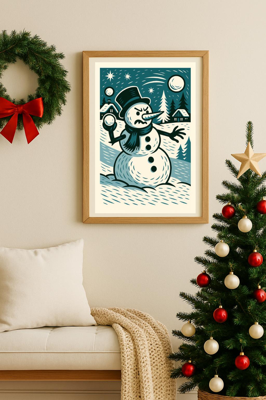 Vintage Linocut Angry Snowman Throwing Snowball Teal & Cream Winter ...