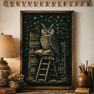 Vintage Wise Owl Library Folk Art Poster Forest Night Linocut Style ...