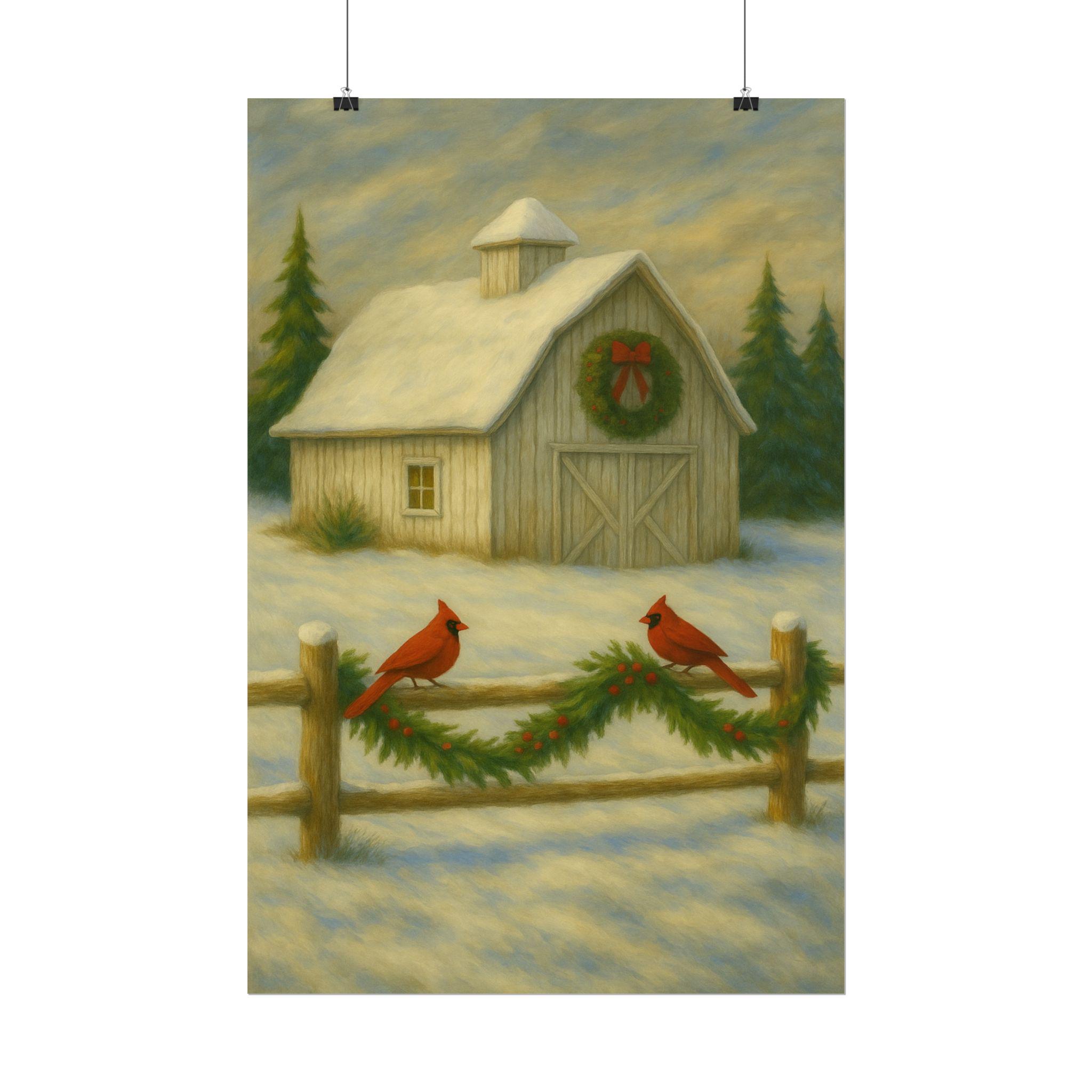 Vintage Christmas Poster Barn With Cardinals and Wreath Wall Art ...