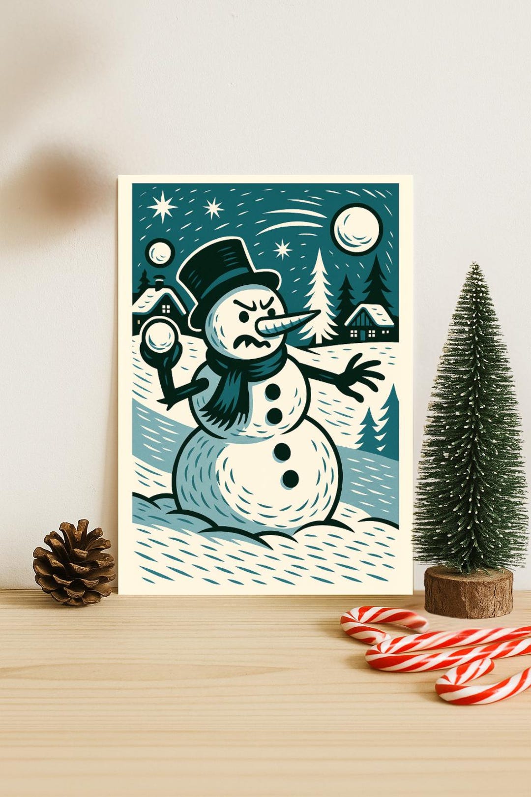 Vintage Linocut Angry Snowman Throwing Snowball Teal & Cream Winter ...