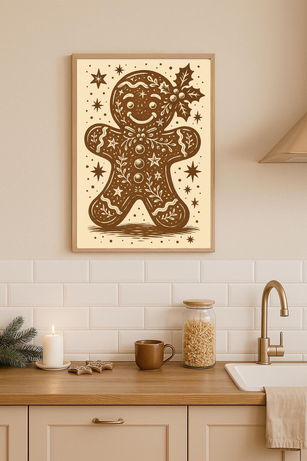 Vintage Gingerbread Man Linocut Christmas Art Print Retro Holiday ...