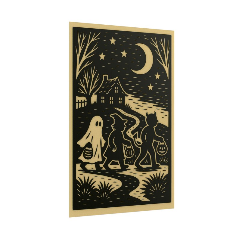 Vintage Linocut Print Trick or Treaters Halloween Poster Black Cat ...