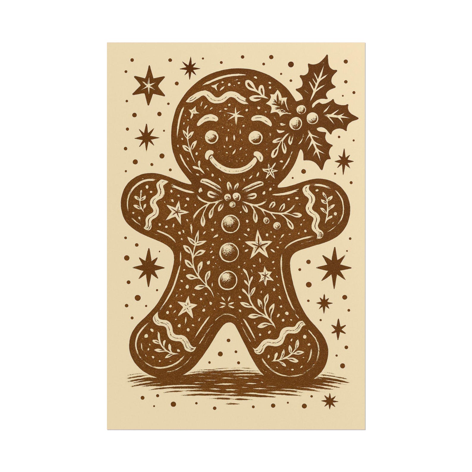 Vintage Gingerbread Man Linocut Christmas Art Print Retro Holiday ...