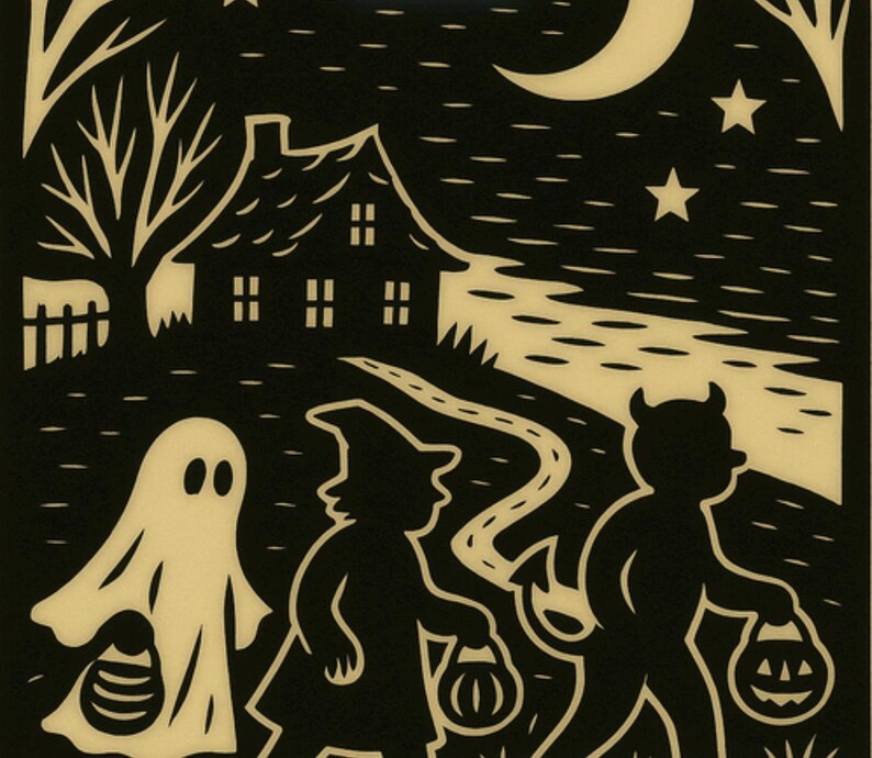 Vintage Linocut Print Trick or Treaters Halloween Poster Black Cat ...