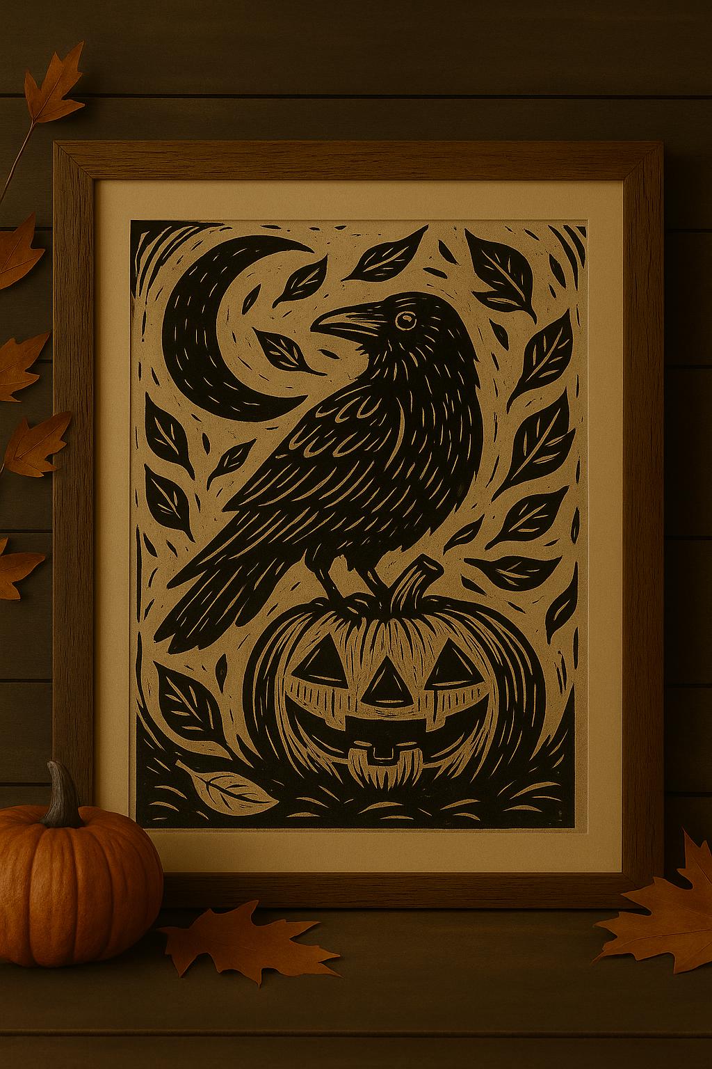 Vintage Linocut Print Crow and Pumpkin Poster Spooky Raven Halloween ...