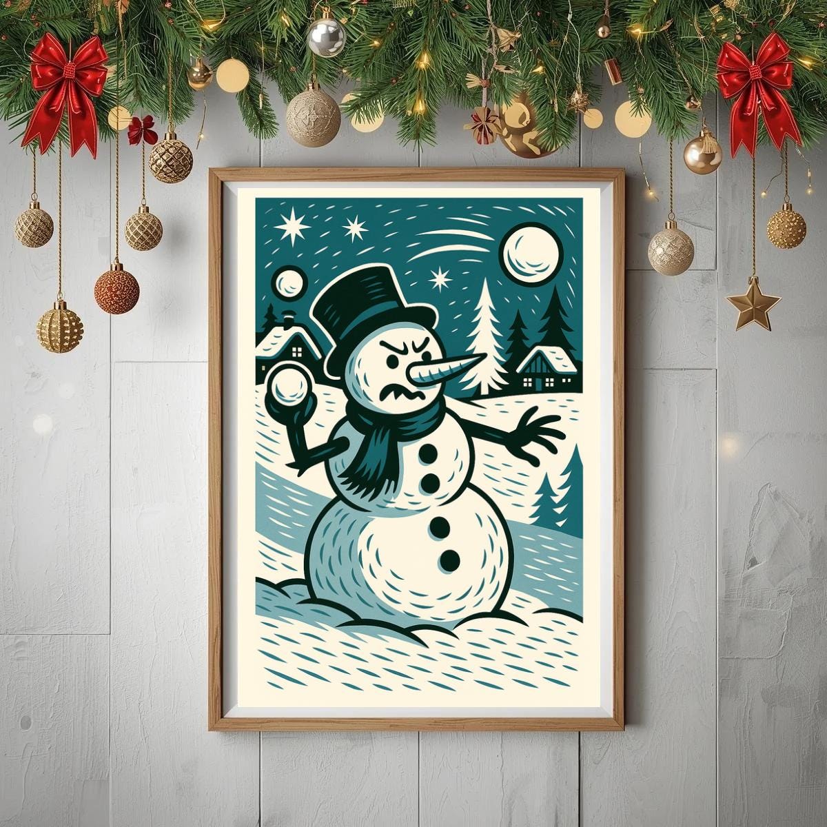 Vintage Linocut Angry Snowman Throwing Snowball Teal & Cream Winter ...