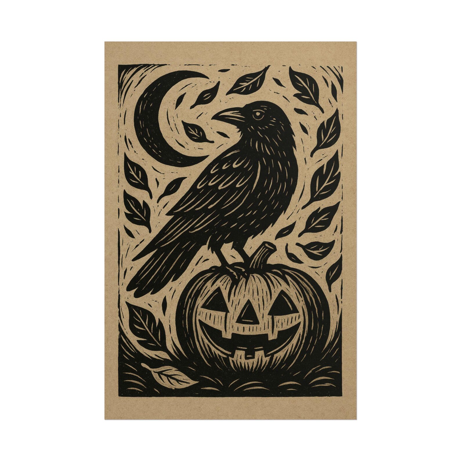Vintage Linocut Print Crow and Pumpkin Poster Spooky Raven Halloween ...