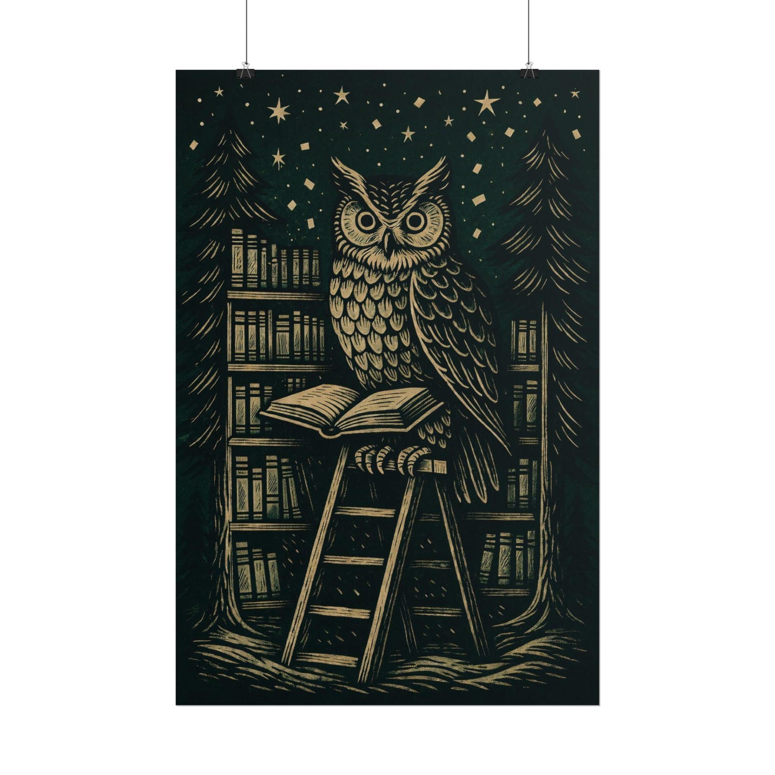 Vintage Wise Owl Library Folk Art Poster Forest Night Linocut Style ...