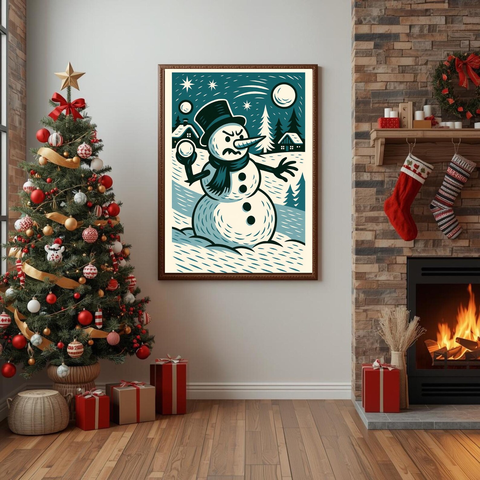 Vintage Linocut Angry Snowman Throwing Snowball Teal & Cream Winter ...