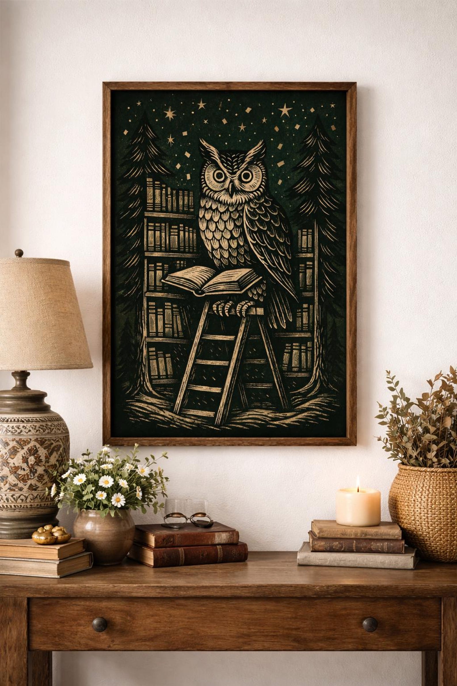 Vintage Wise Owl Library Folk Art Poster Forest Night Linocut Style ...