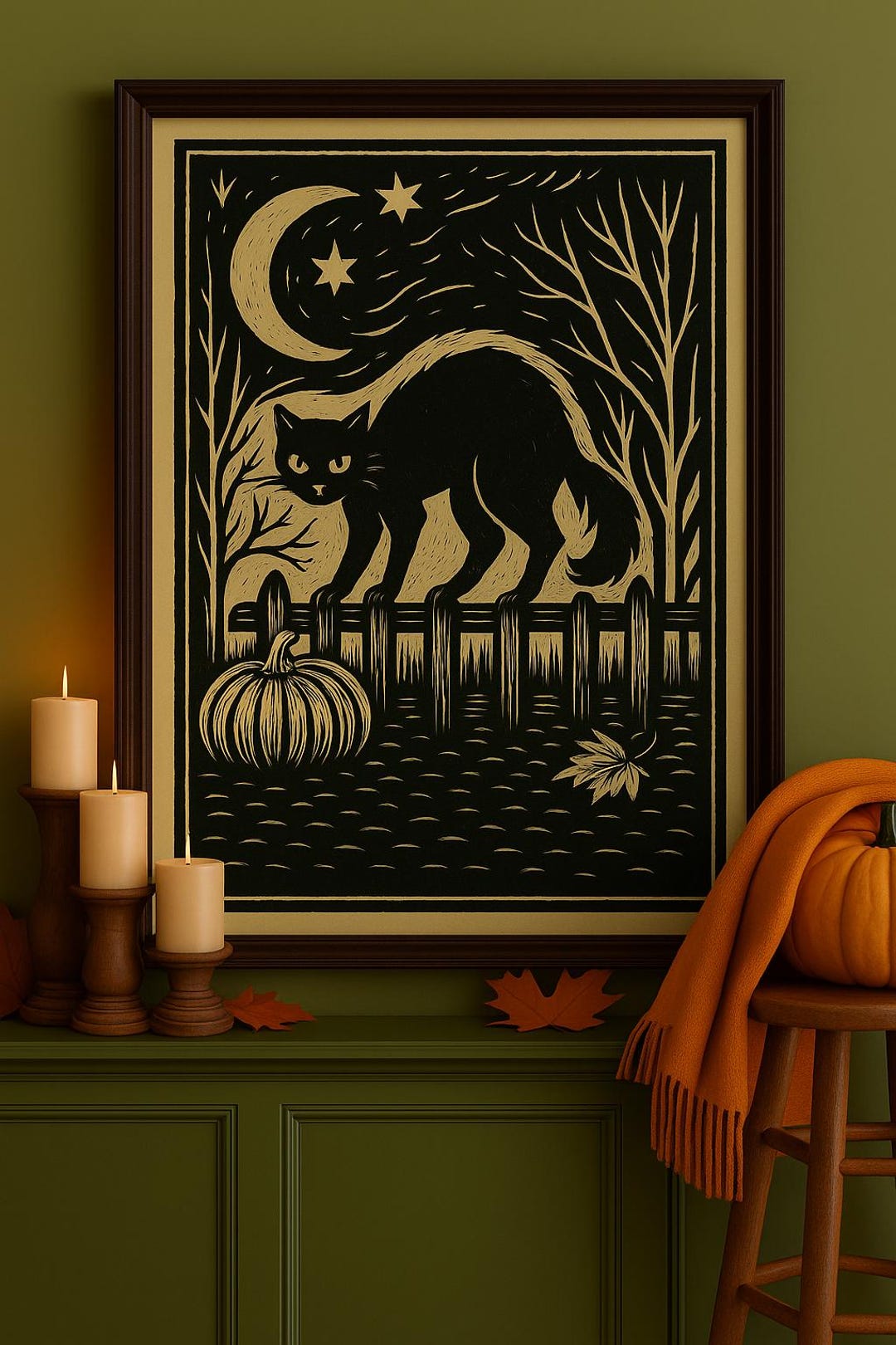 Vintage Linocut Print Black Cat Halloween Poster Rustic Folk Art Wall ...