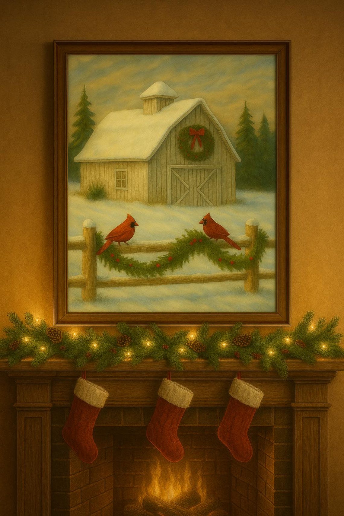 Vintage Christmas Poster Barn With Cardinals and Wreath Wall Art ...