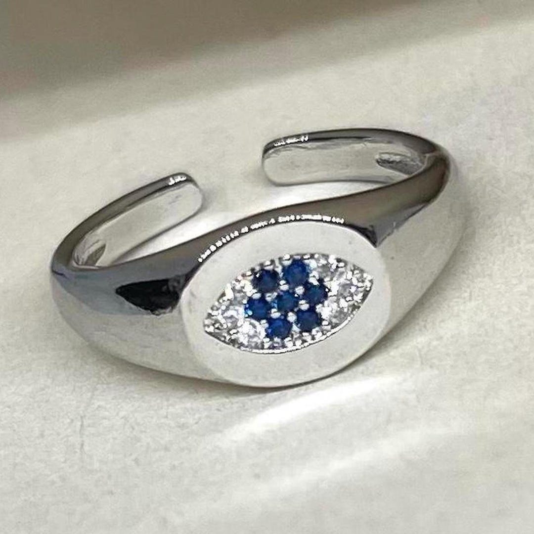 Silver Adjustable Evil Eye Band Ring With Blue and Silver Gems ...