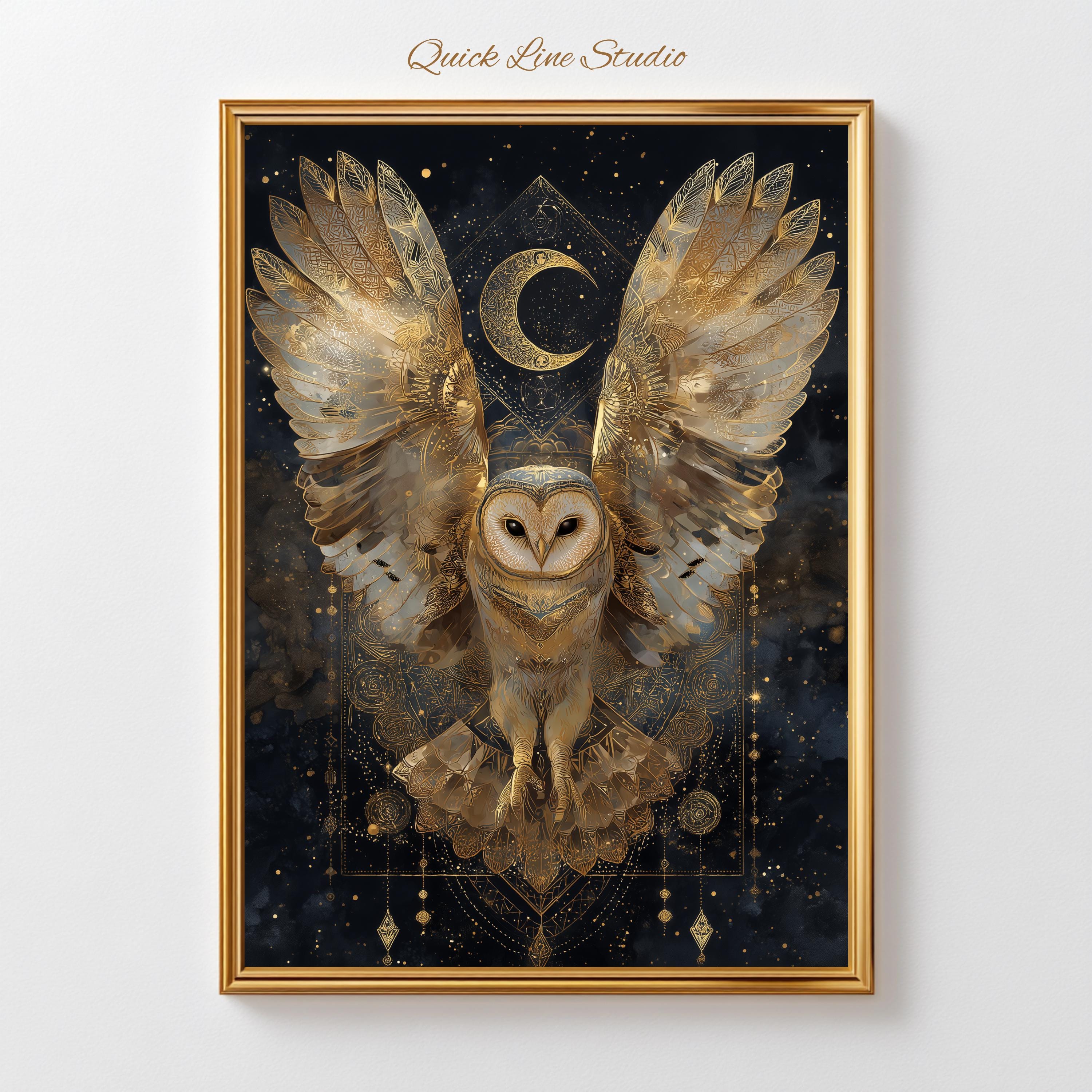 Sacred Geometry Owl Wall Art | Mystical Golden Spirit Animal Print ...