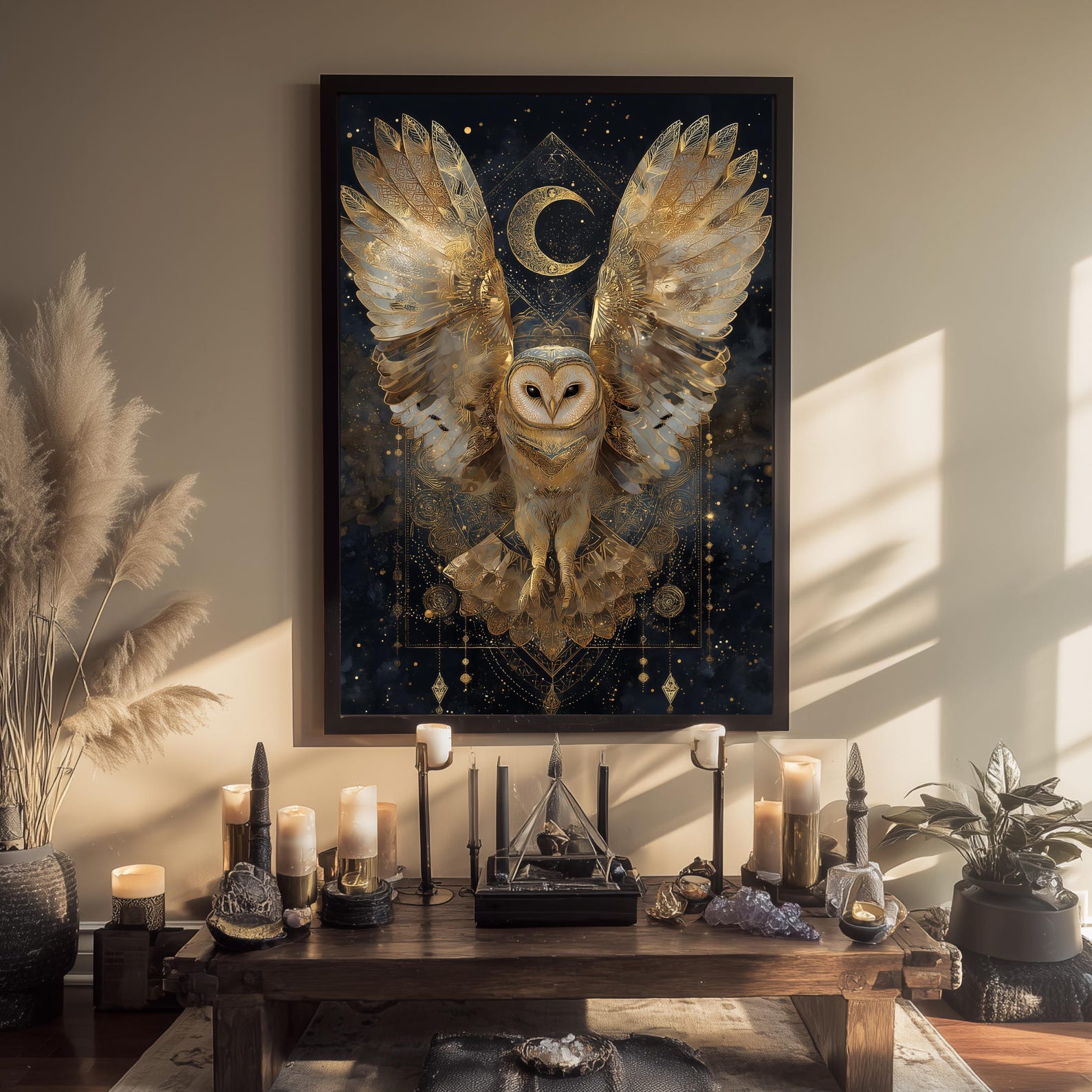 Sacred Geometry Owl Wall Art | Mystical Golden Spirit Animal Print ...