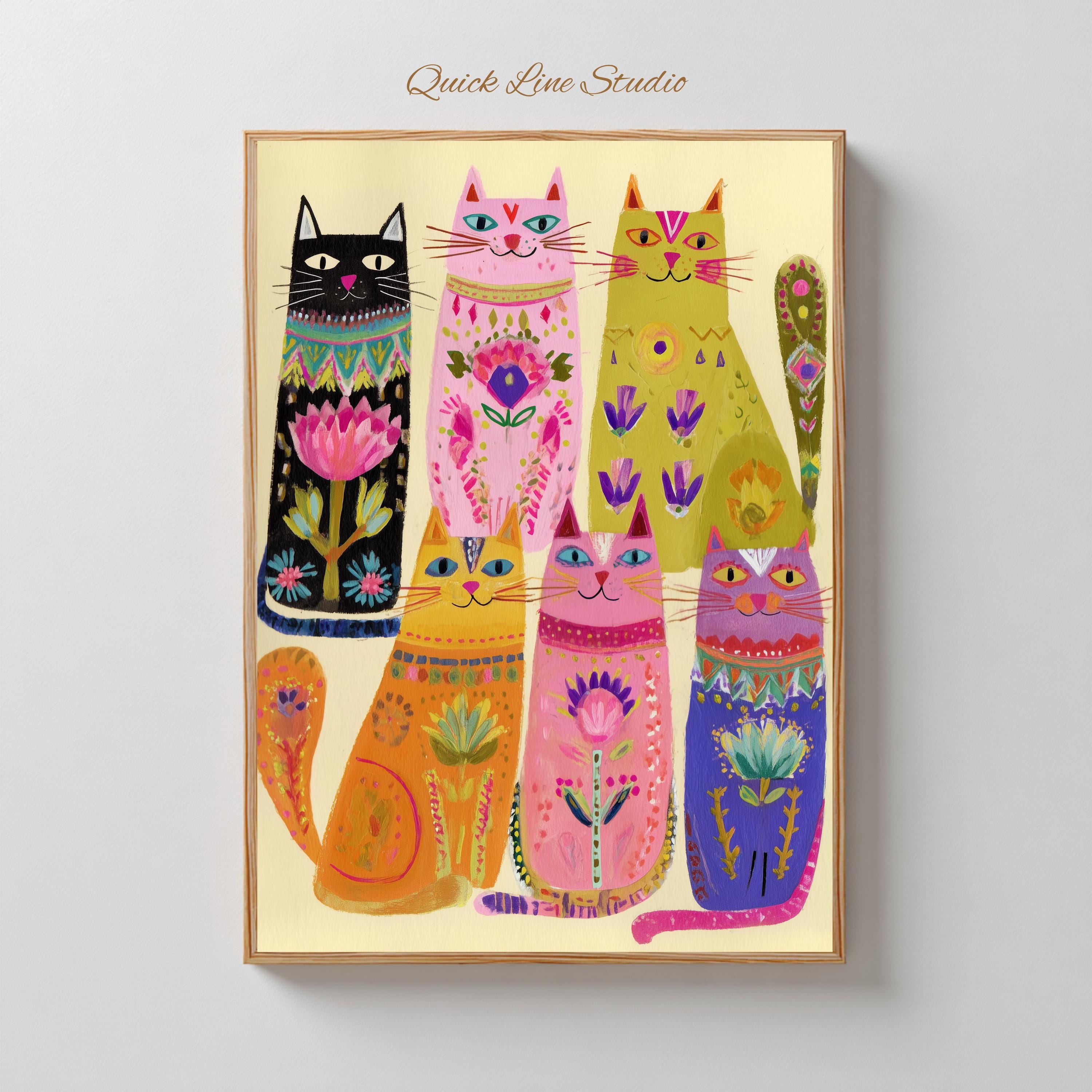 Colorful Cat Wall Art | Boho Cat Print | Whimsical Animal Decor ...