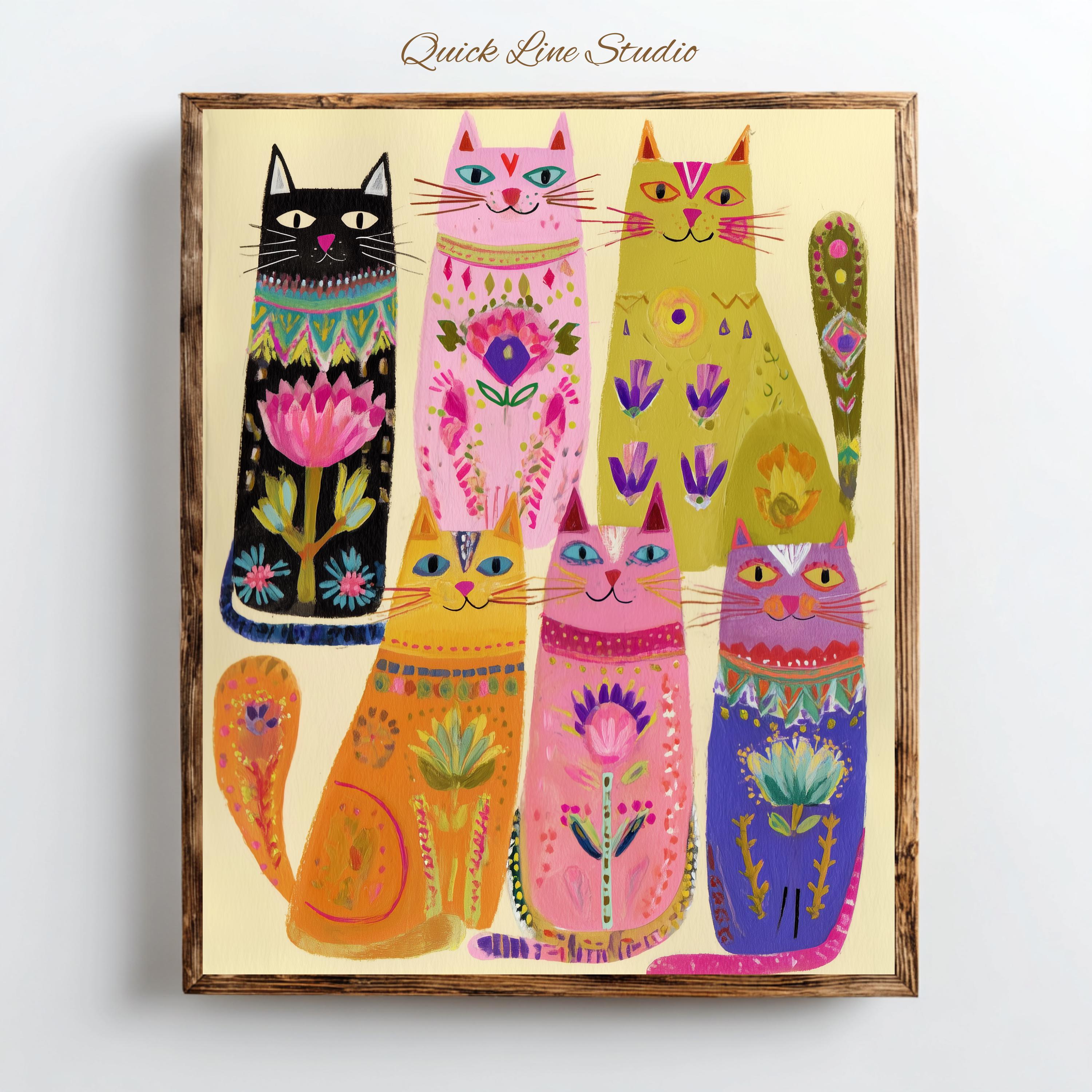 Colorful Cat Wall Art | Boho Cat Print | Whimsical Animal Decor ...