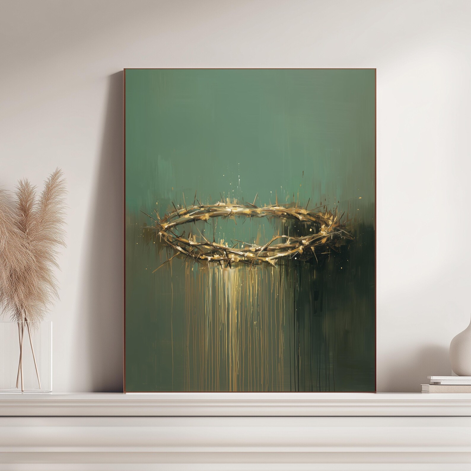 Jesus Crown of Thorns Wall Art | Modern Christian Painting | Green Gold ...