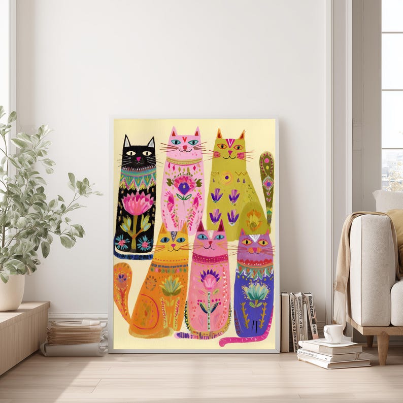 Colorful Cat Wall Art | Boho Cat Print | Whimsical Animal Decor ...