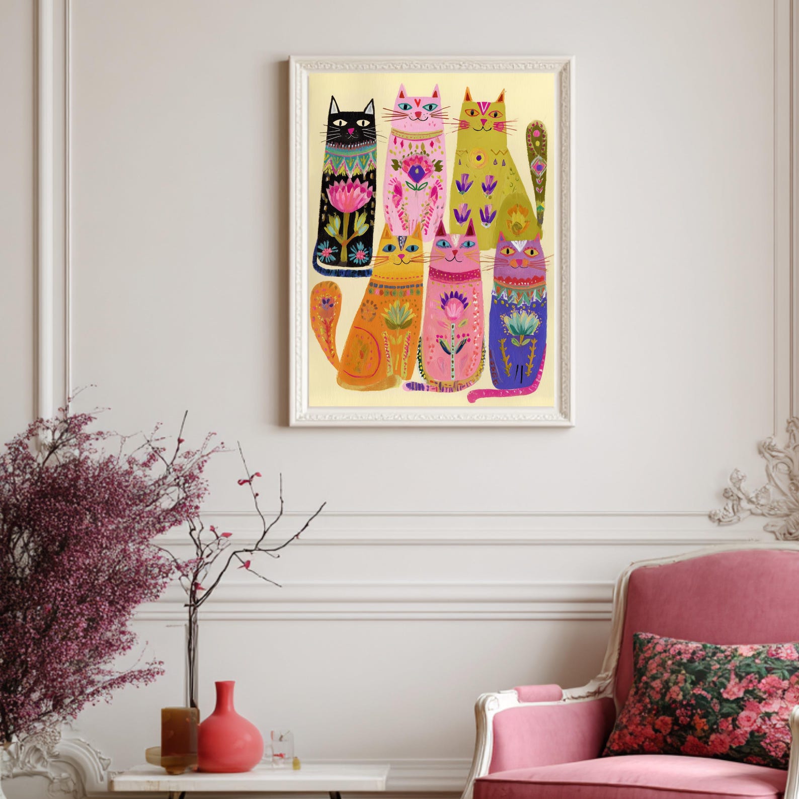 Colorful Cat Wall Art | Boho Cat Print | Whimsical Animal Decor ...