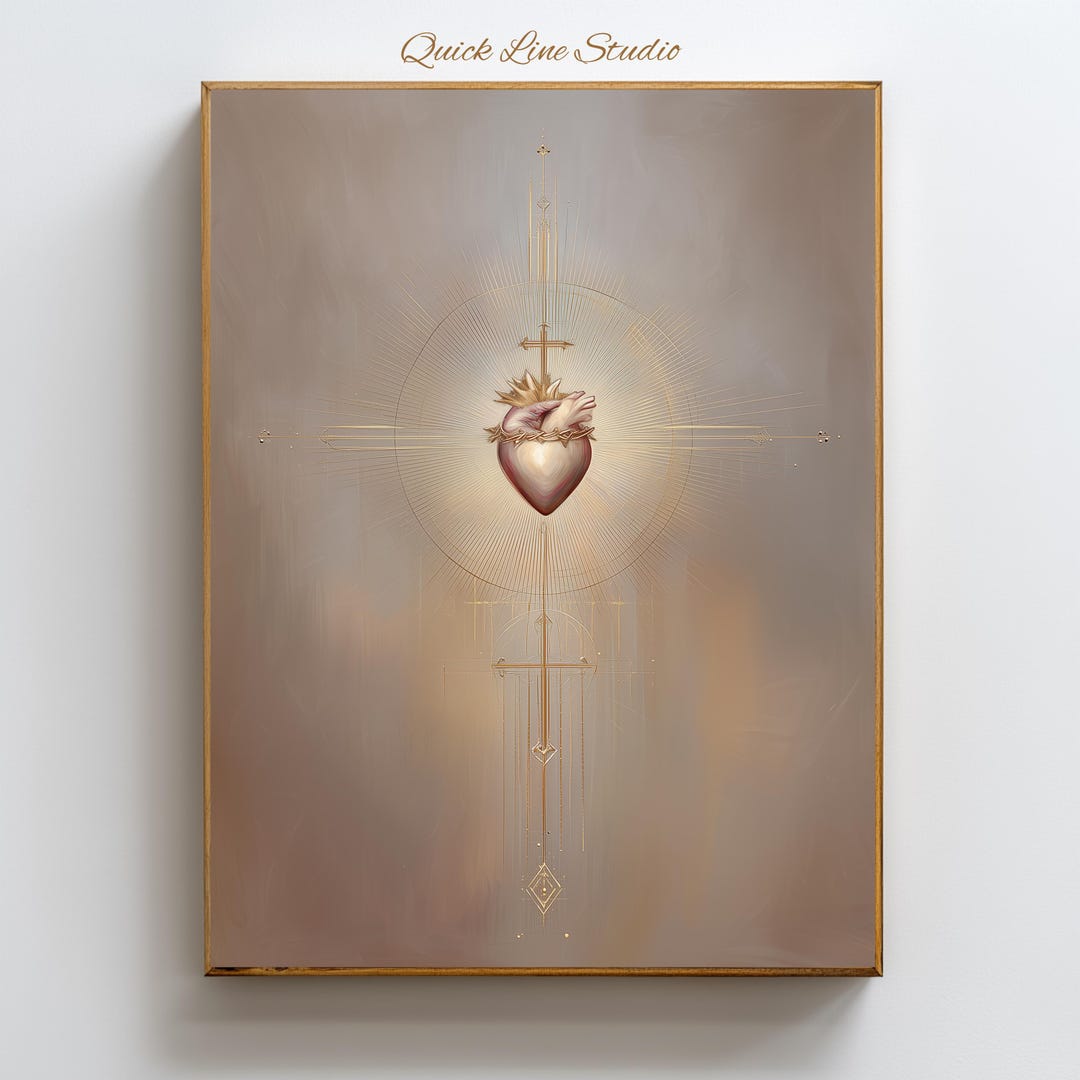Sacred Heart of Jesus Wall Art, Gold Catholic Decor, Divine Heart Print ...