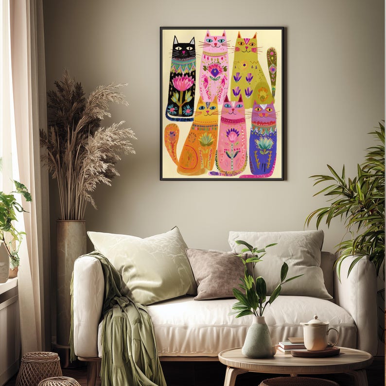 Colorful Cat Wall Art | Boho Cat Print | Whimsical Animal Decor ...