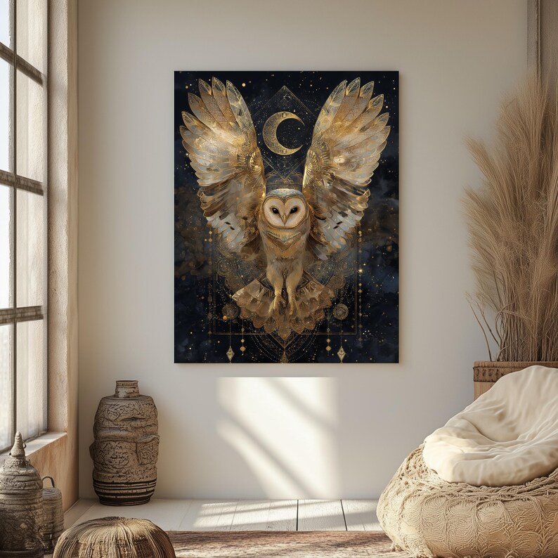 Sacred Geometry Owl Wall Art | Mystical Golden Spirit Animal Print ...