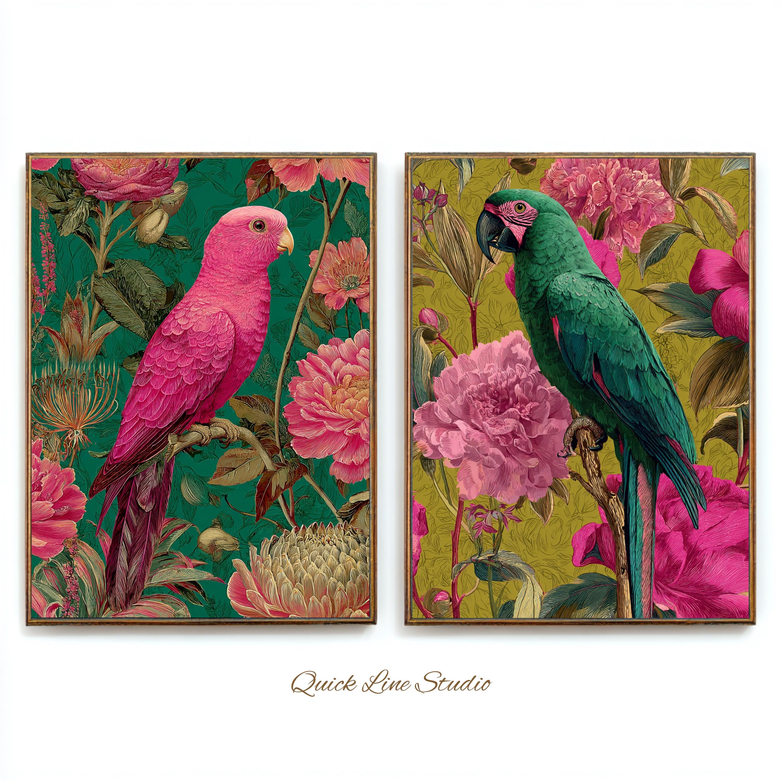 Tropical Parrot Print Set: Maximalist Botanical Wall Art (digital ...