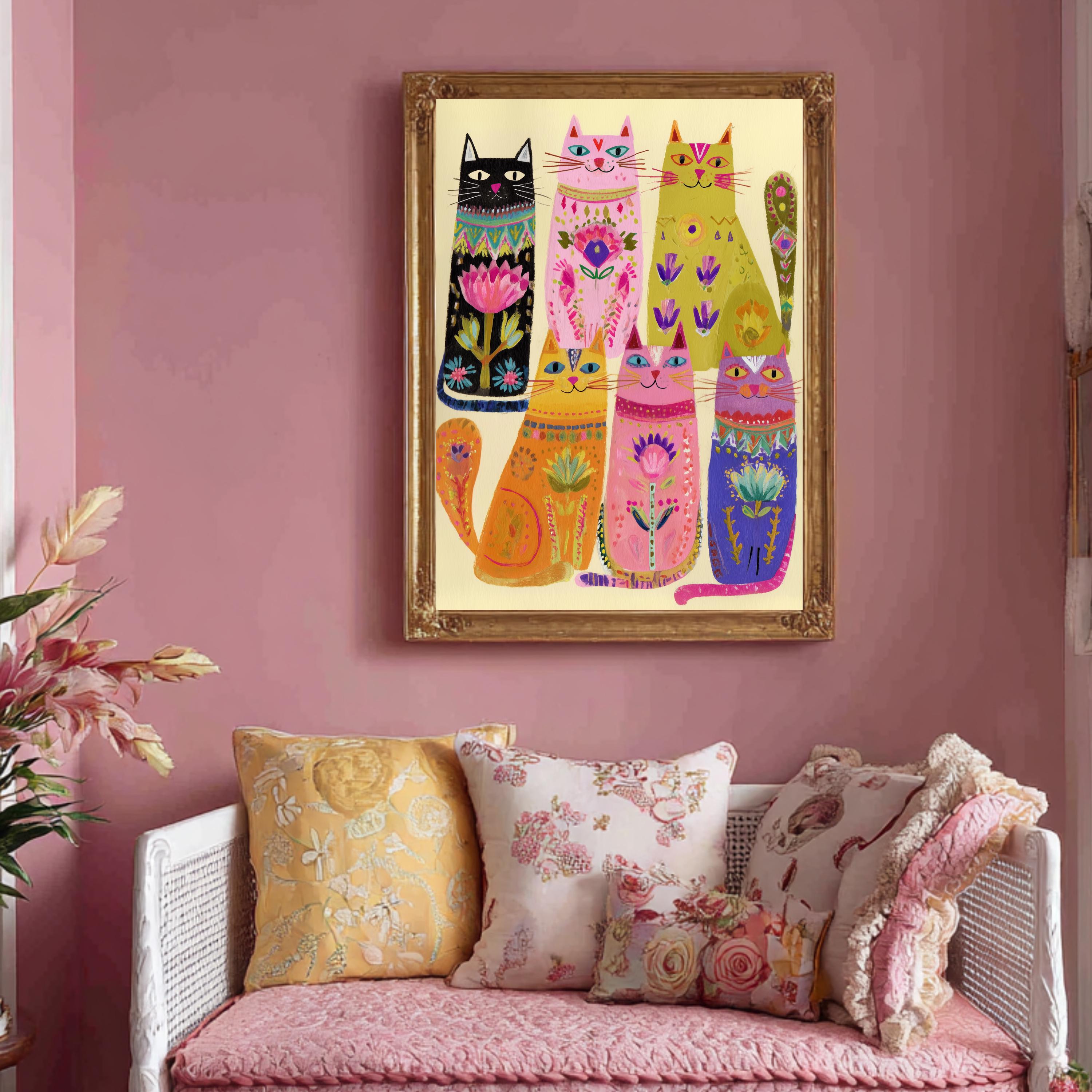 Colorful Cat Wall Art | Boho Cat Print | Whimsical Animal Decor ...