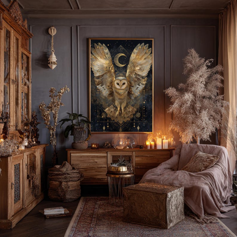 Sacred Geometry Owl Wall Art | Mystical Golden Spirit Animal Print ...