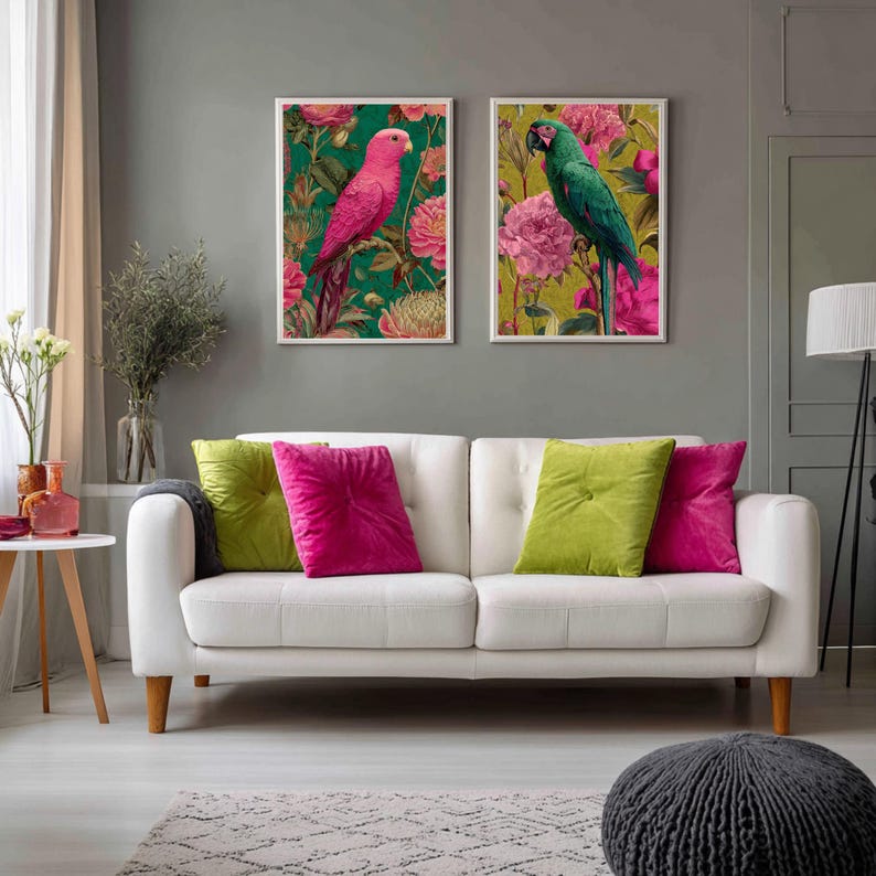 Tropical Parrot Print Set: Maximalist Botanical Wall Art (digital ...
