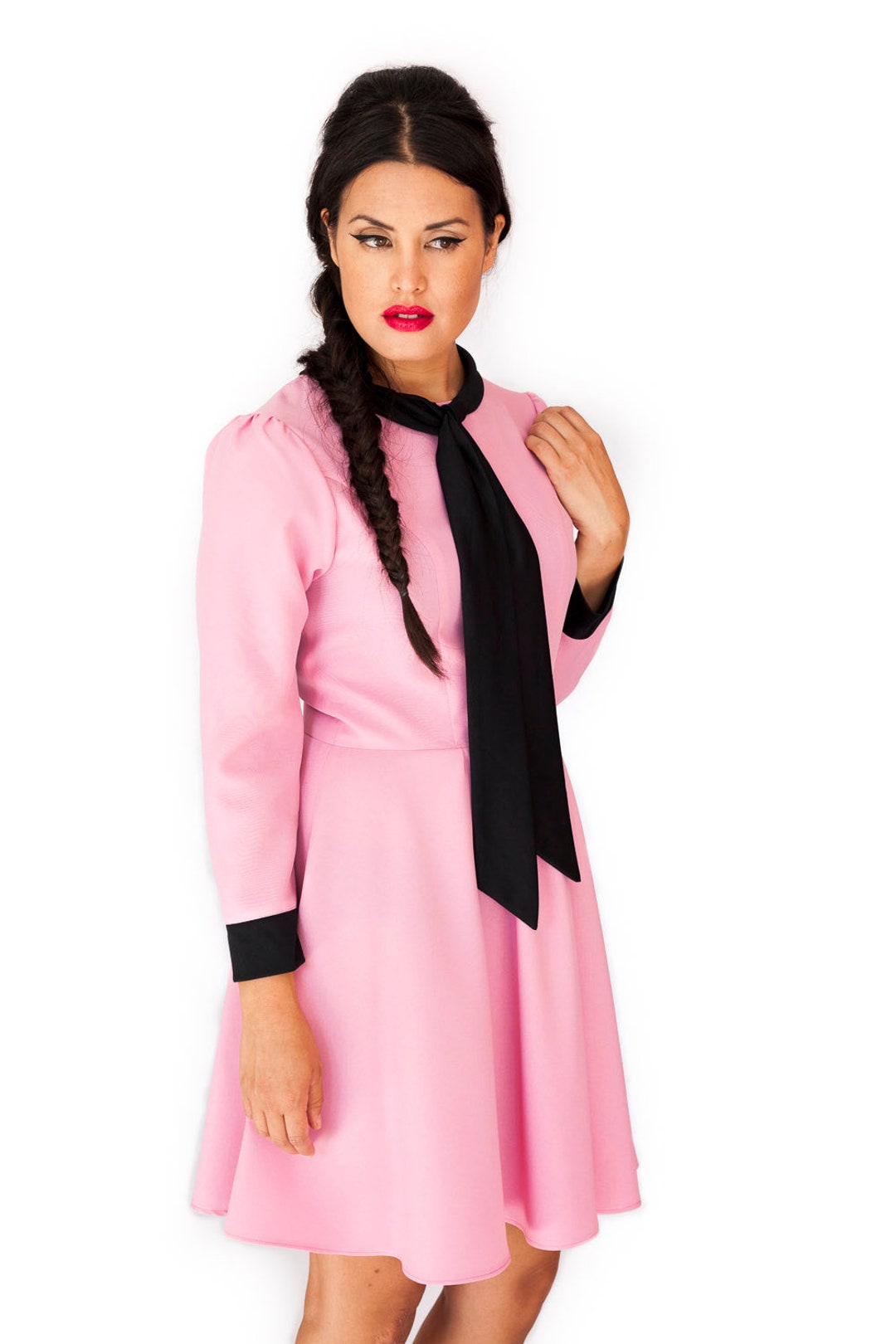 PINK Inspired Retro Cosplay, Pink Dess, 60’s DRESS/ Bow Collar Dress, A ...