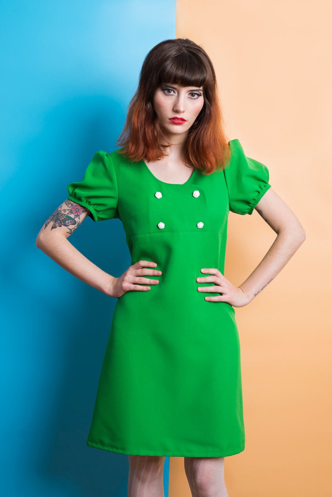 60s Green Dress/ Puff Sleeves, Summer Dress, Mini Mod Dress, 60s ...
