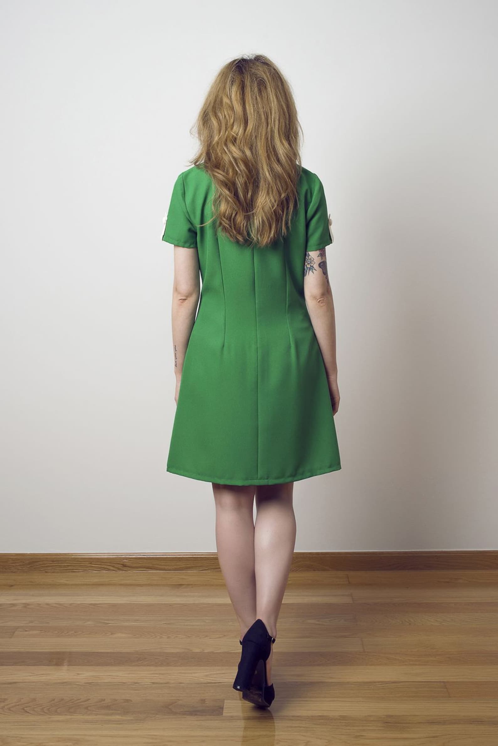 60s a Line Dress, Green Mod Dress, Shift Dress, Retro Pocket Dress, Mod ...