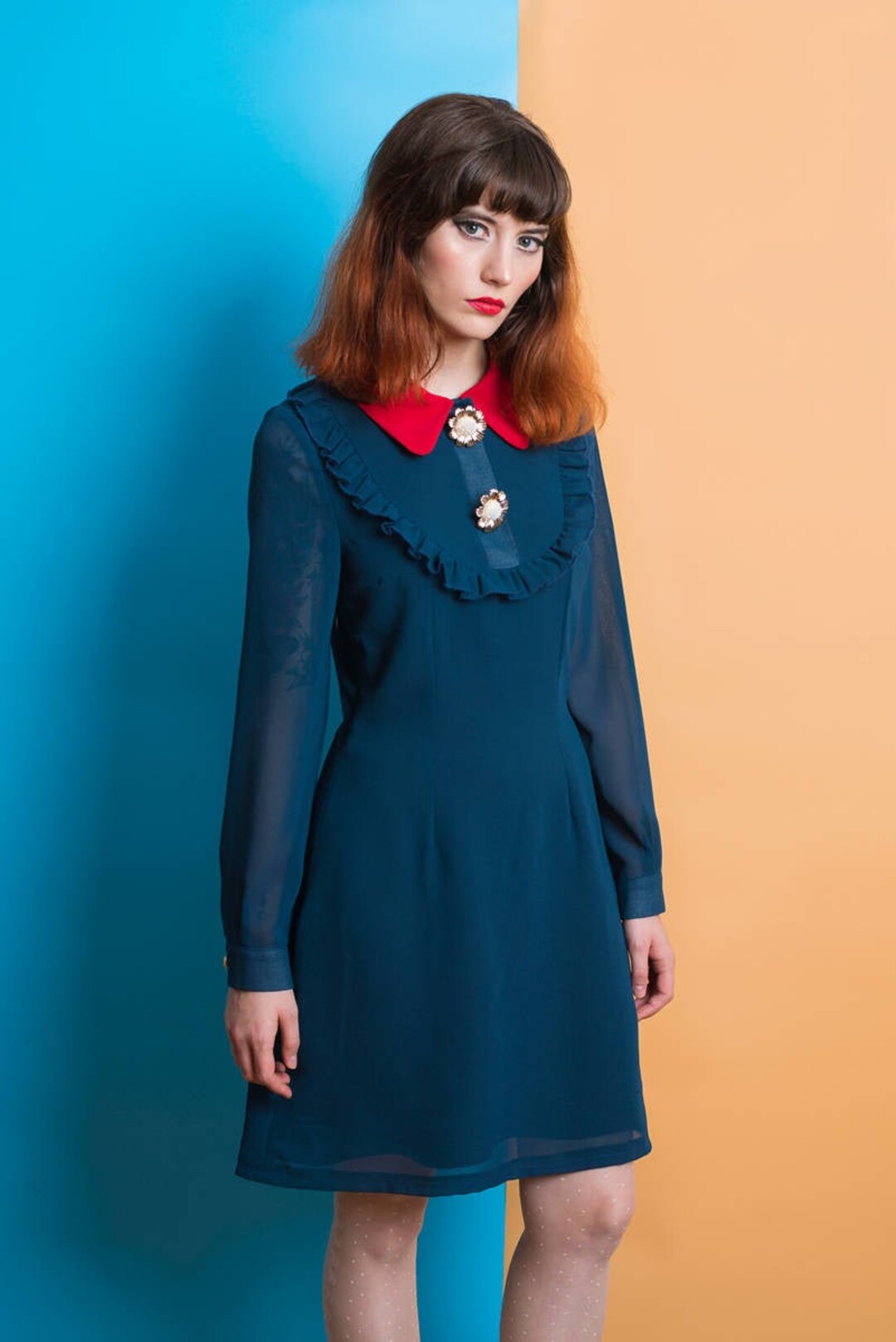 Mod Green Dress, Ruffle Dress, Rec Collar Dress, 60s Mini Dress - Etsy