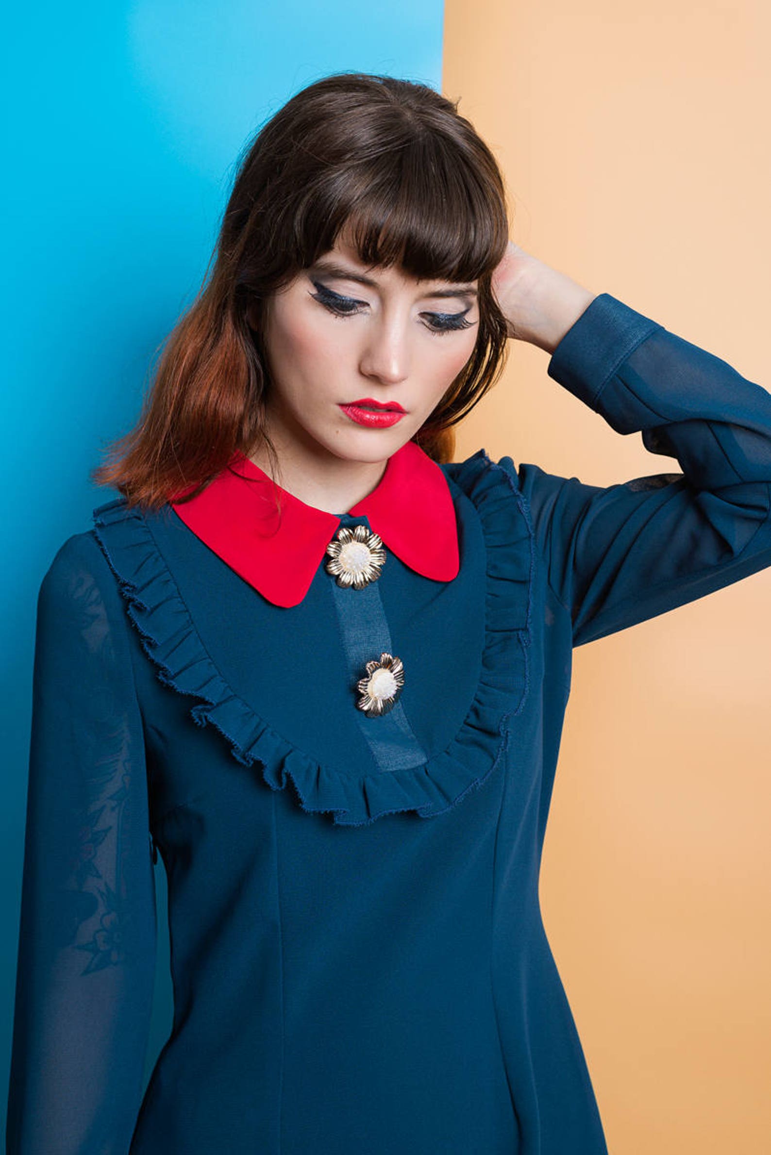 Mod Green dress ruffle dress Rec collar dress 60s mini | Etsy