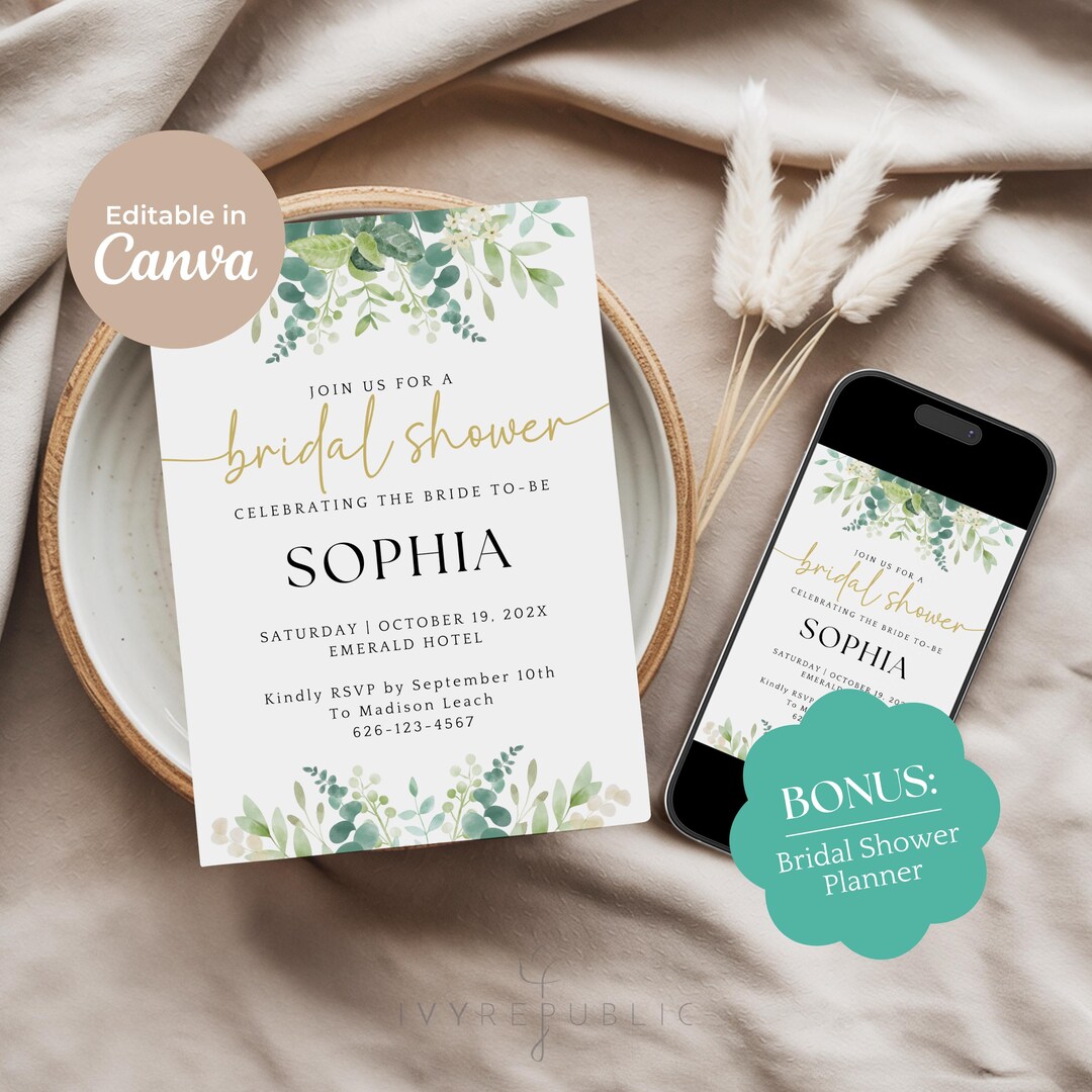 Greenery Bridal Shower Invitation Template, Editable Floral Invite ...