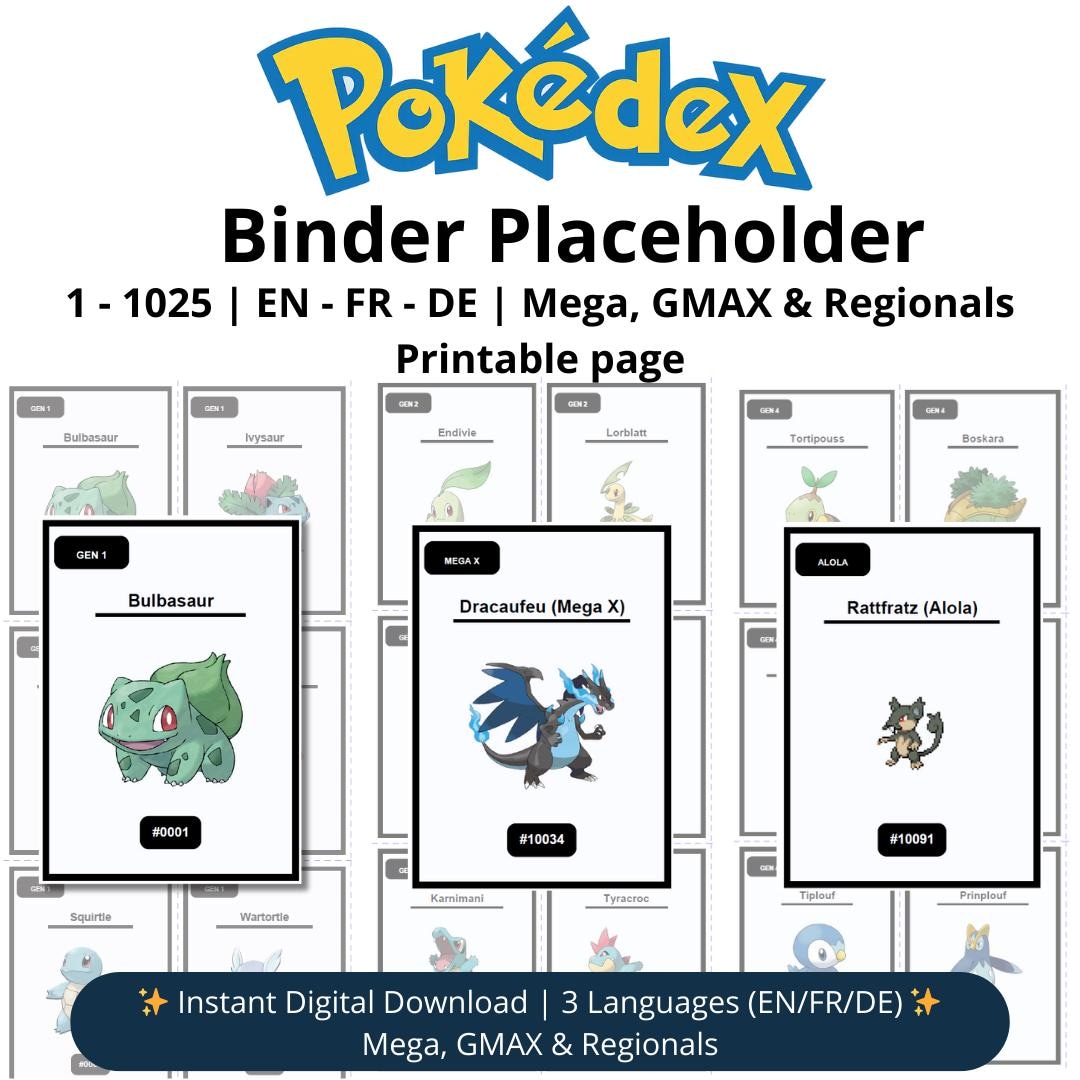 Pokémon National Dex Binder Pages (1–1025 + Mega / Regional / Gmax ...