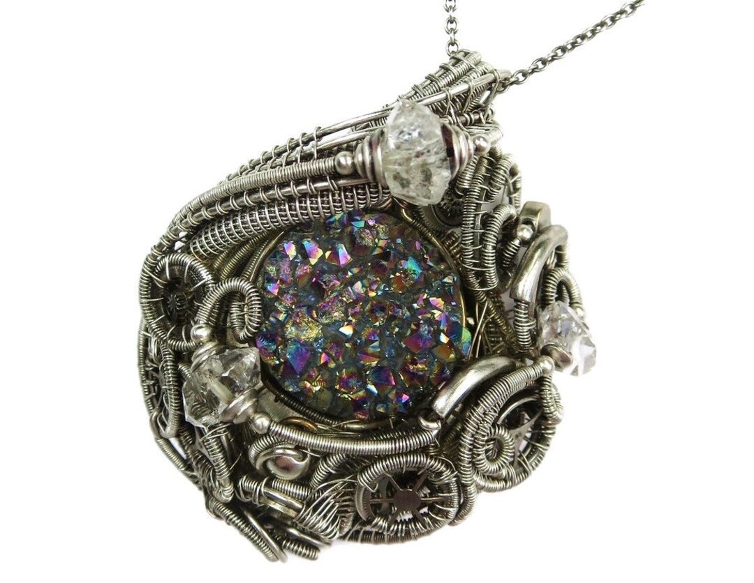 Sunshine Titanium Quartz Druzy Steampunk Pendant With Herkimer Diamonds ...